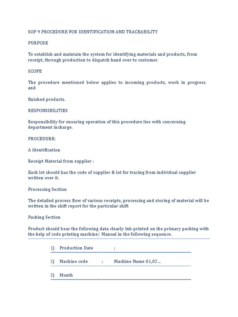 Sop 9 Procedure For Identification and Traceability | PDF | Information ... Sop 9 Procedure For Identification and Traceability | PDF | Information ...