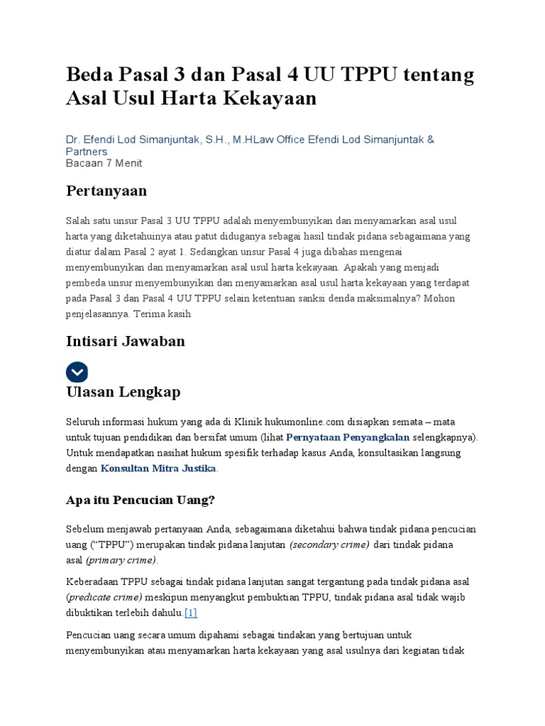 Beda Pasal 3 Dan Pasal 4 UU TPPU Tentang Asal Usul Harta Kekayaan | PDF