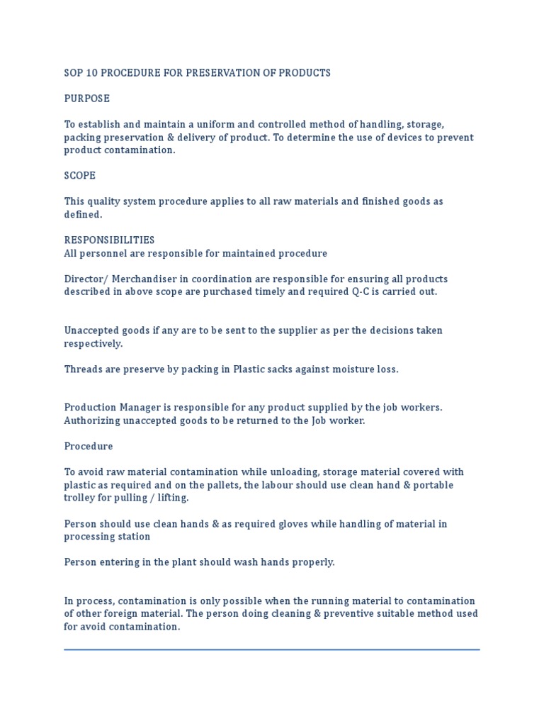 SOP 10: Product Preservation Procedure | PDF | Packaging And Labeling ...