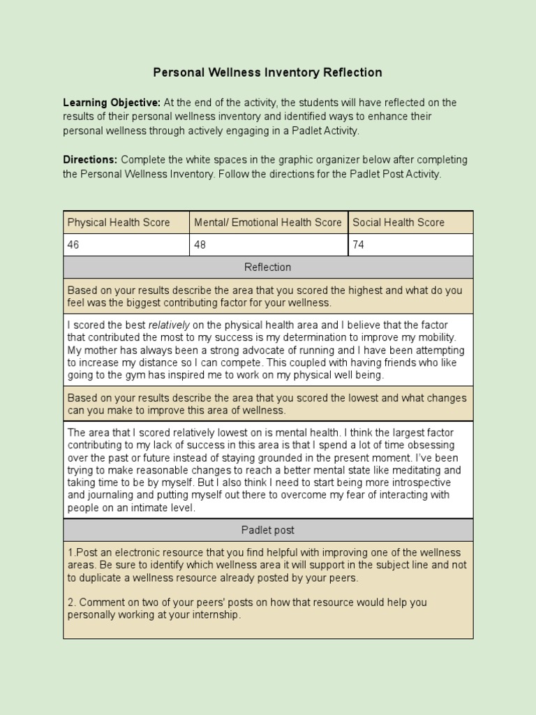 Giacomo Carter - Personal Wellness Inventory Reflection | PDF