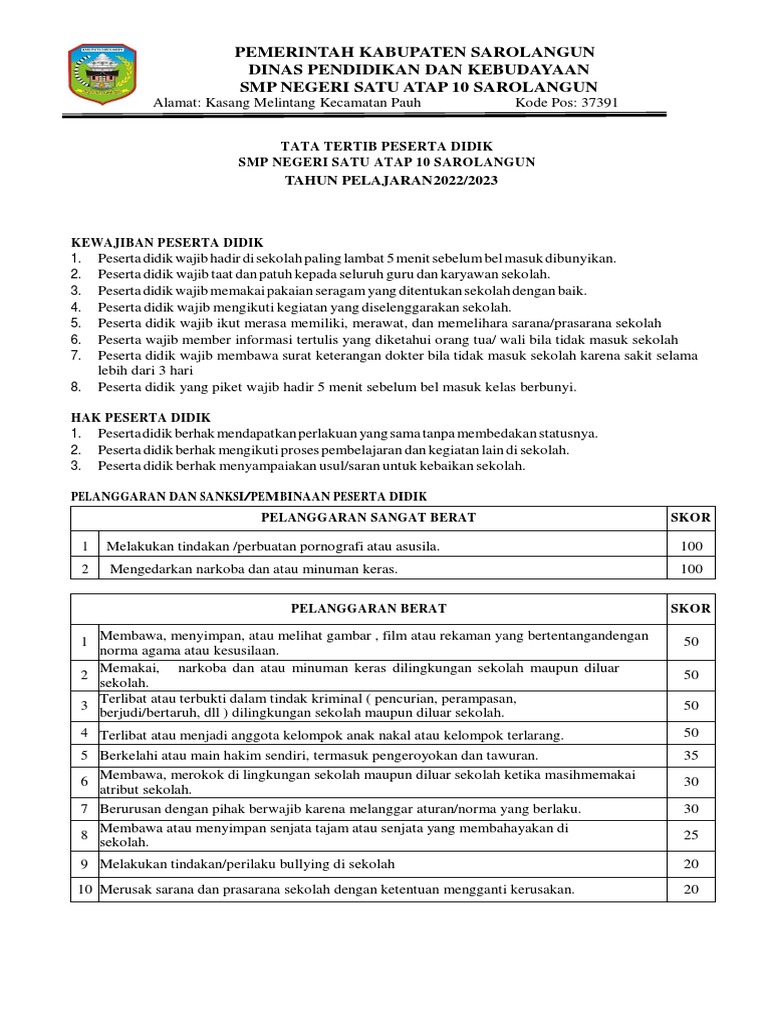 Tata Tertib SMPN Satap 10 | PDF