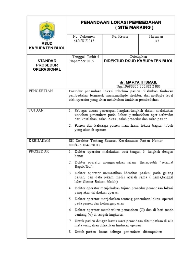 SPO Penandaan Lokasi Pra Pembedahan Site Marking | PDF