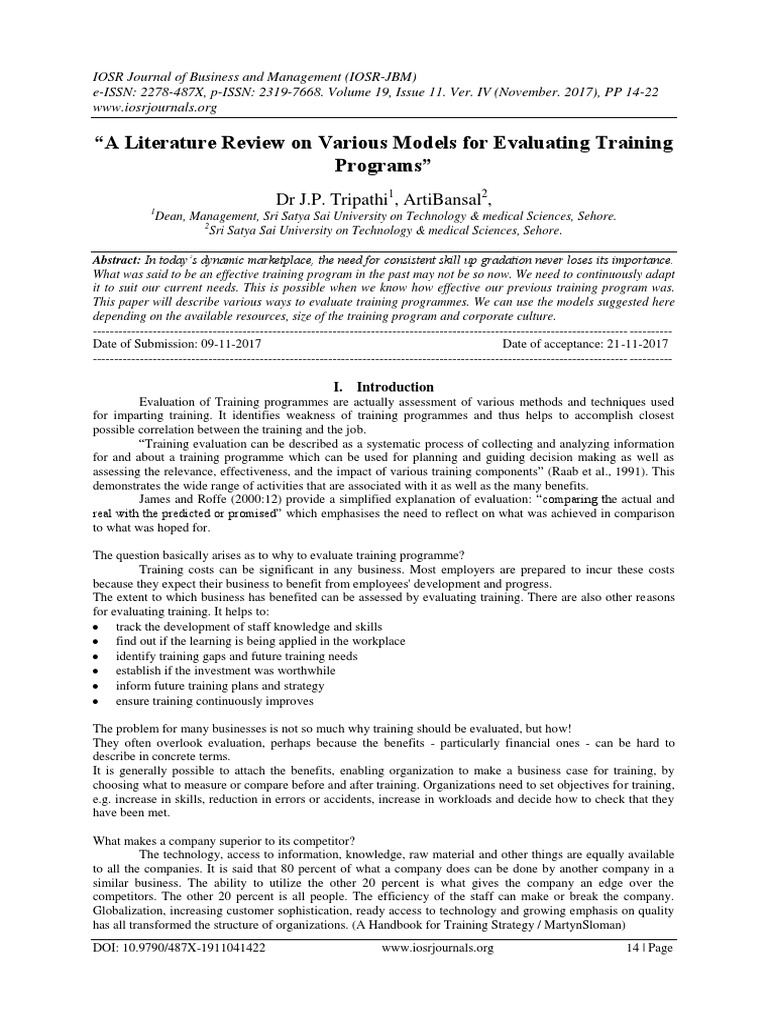 A Literature Review On Various Models For Evaluating Training Programs | PDF | Cognition ...