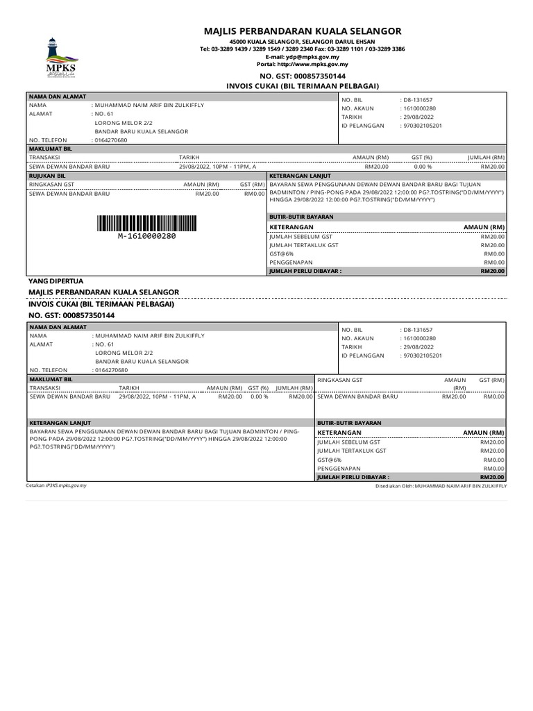 29-8 Resit Tempahan Dewan | PDF