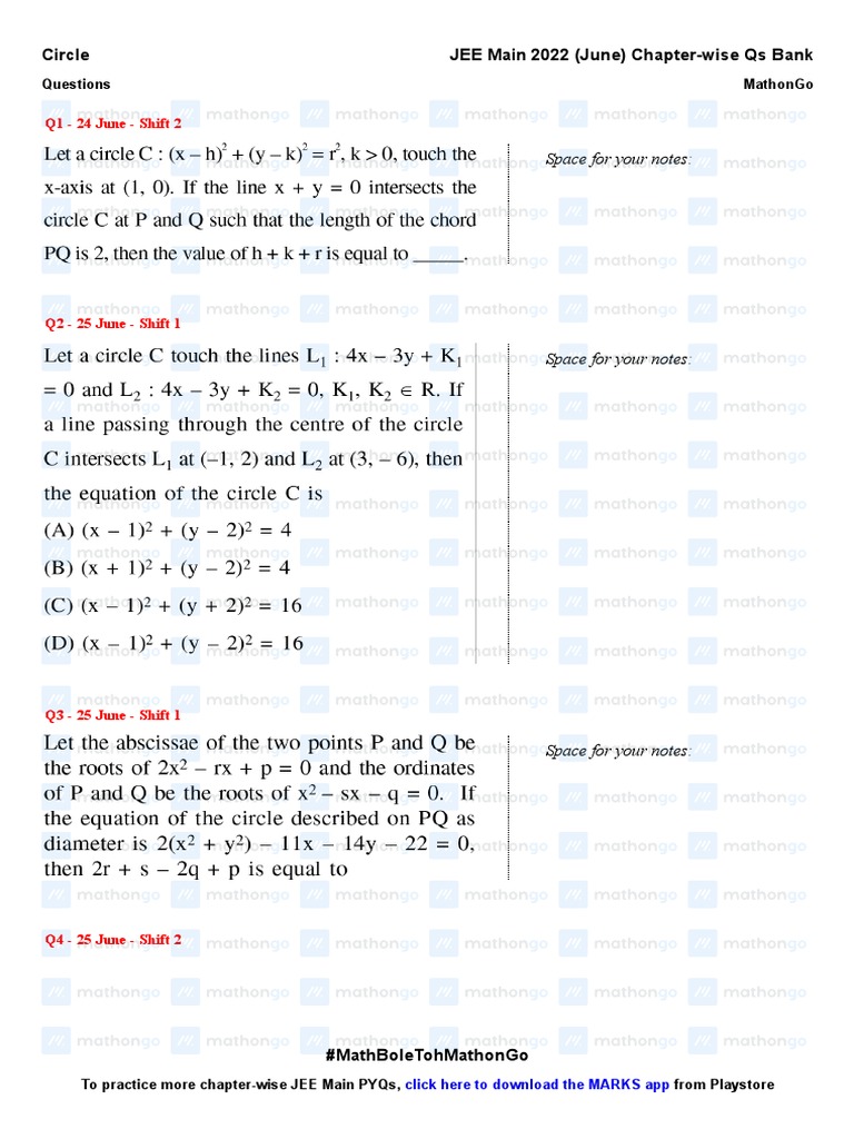 Circle - JEE Main 2022 Chapter Wise Questions by MathonGo | PDF