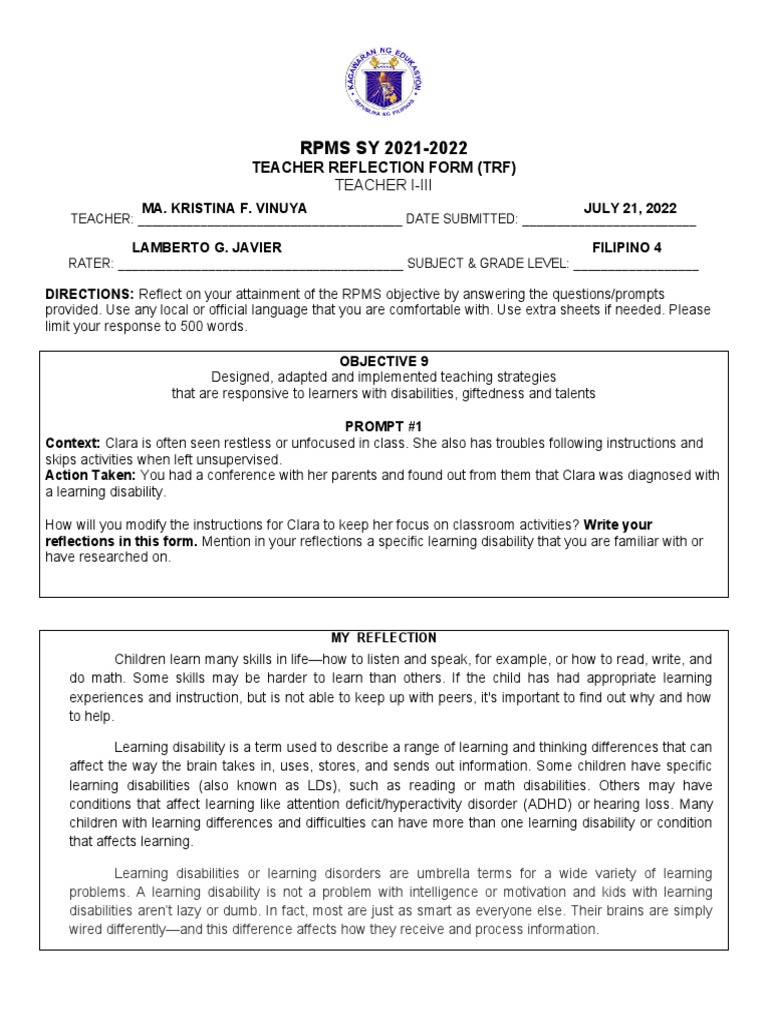 RPMS SY 2021-2022: Teacher Reflection Form (TRF) | PDF | Attention Deficit Hyperactivity ...