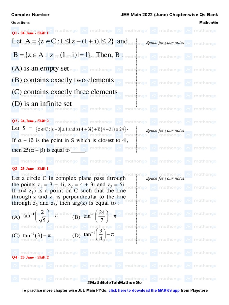 Complex Number - JEE Main 2022 Chapter Wise Questions by MathonGo | PDF