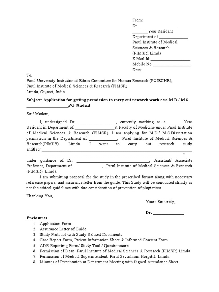 Subject: Application For Getting Permission To Carry Out Research Work ...