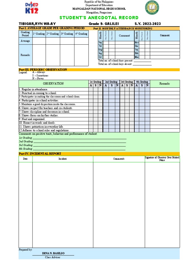 Grade 9 Student Anecdotal Record | PDF