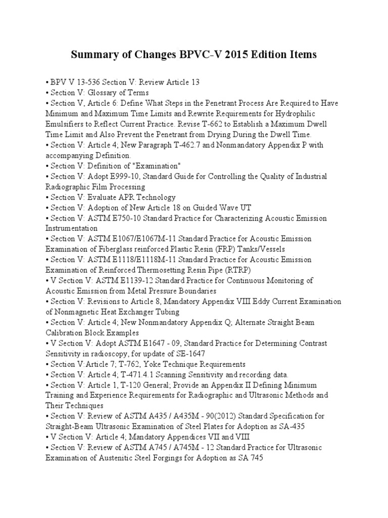 BPVC V 2015 Edition Changes Summary | PDF | Pipe (Fluid Conveyance ...