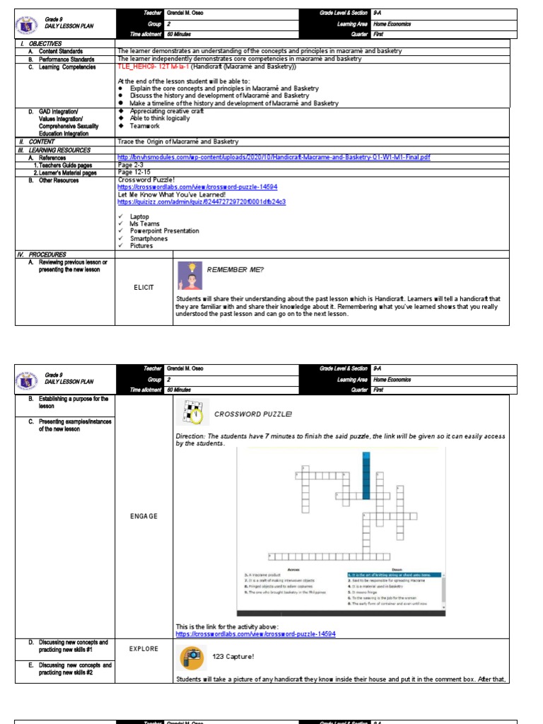 Week 1 Daily Lesson Plan | PDF | Basket Weaving | Knot