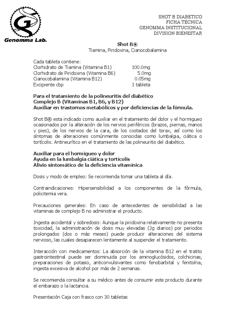 Genomma Lab Shot B Diabetico Ficha Tecnica | PDF | Diabetes | Vitamina B12
