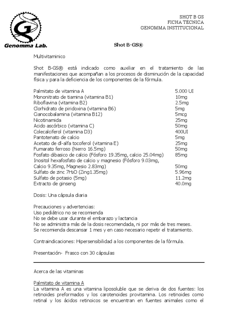 Genomma Lab Shot B Gs Ficha Tecnica | PDF | Vitamina | Calcio