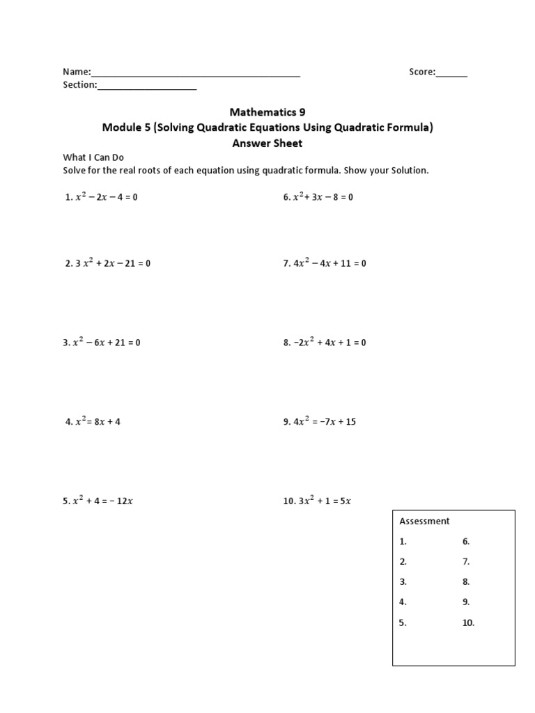 Mathematics 9 Module 5 (Solving Quadratic Equations Using Quadratic ...
