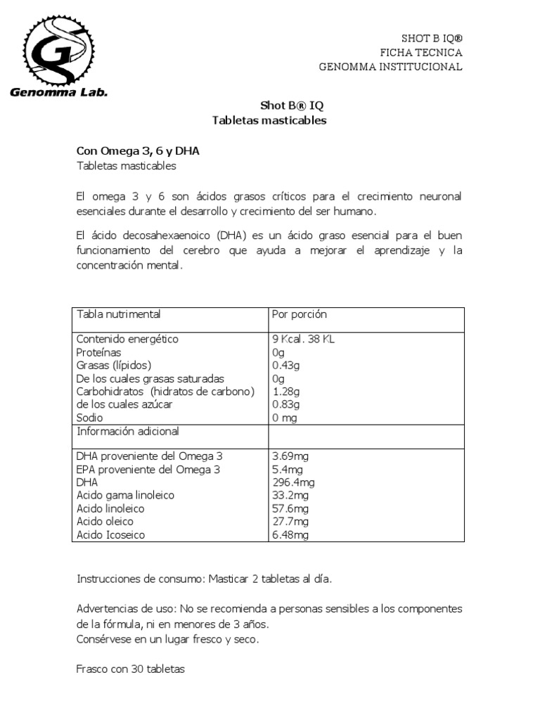 Genomma Lab Shot B Iq Ficha Tecnica | PDF | Desorden hiperactivo y ...