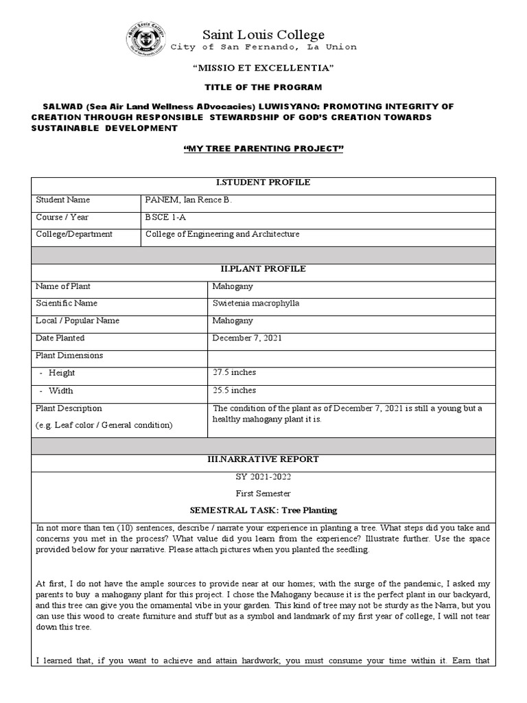 'TREE-PARENTING' Project - PANEM, Ian Rence B. | PDF