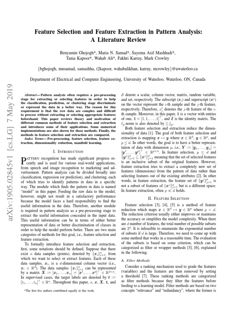 Feature Selection and Feature Extraction in Pattern Analysis: A ...