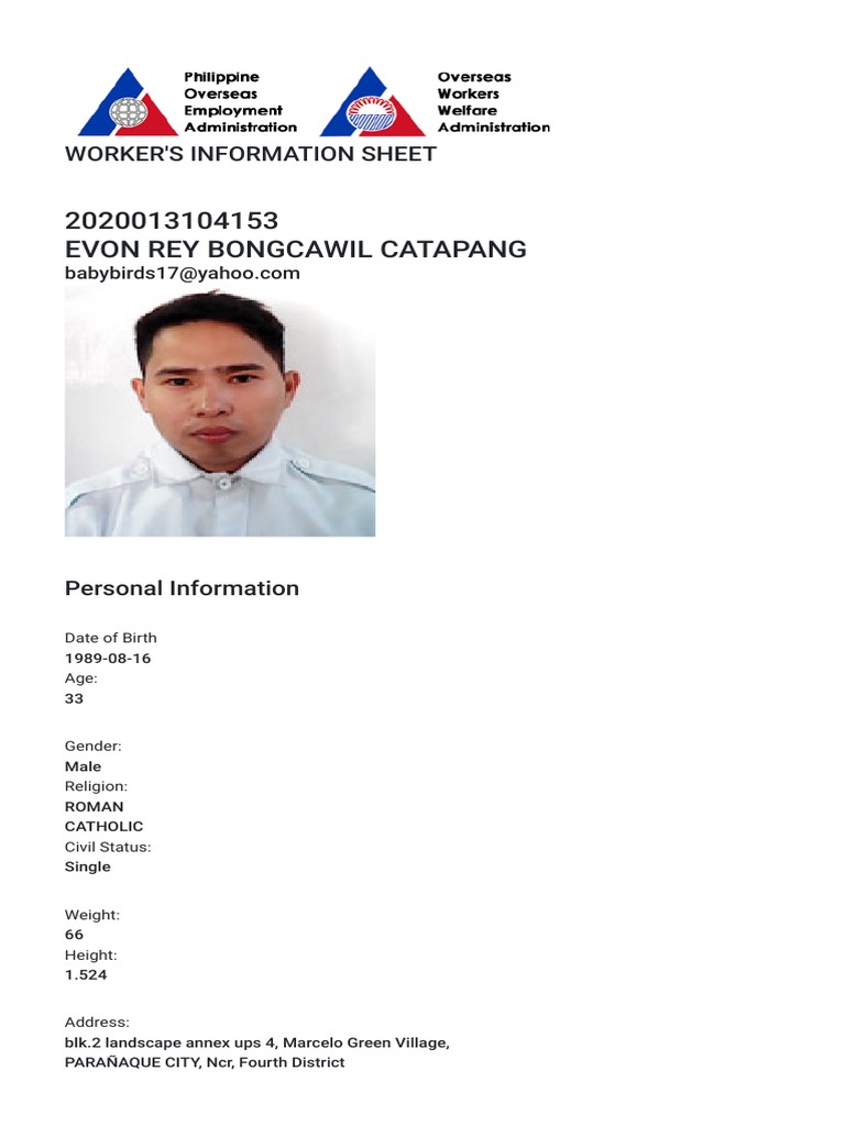 Evon Rey Bongcawil Catapang: Worker'S Information Sheet | PDF