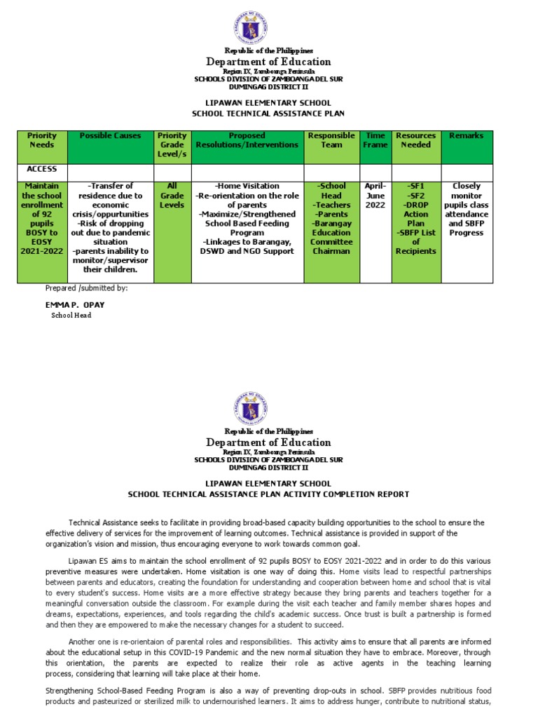 School Technical Assistance Plan and Completion Report | PDF | Learning ...
