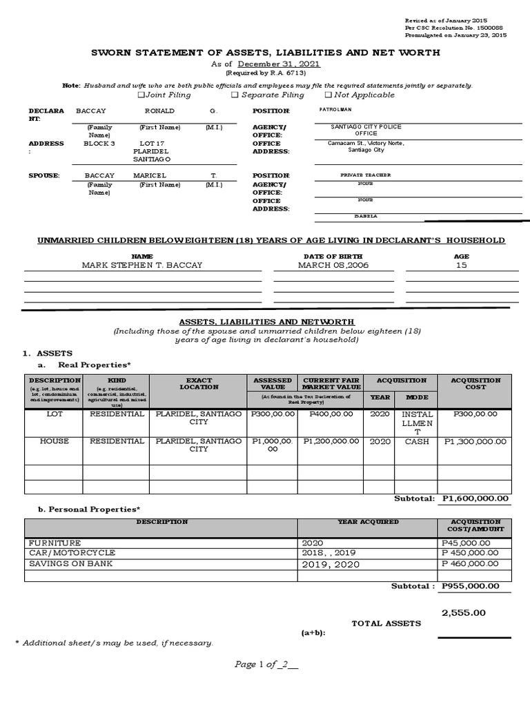 Sworn Statement of Assets, Liabilities and Net Worth | PDF | Net Worth ...