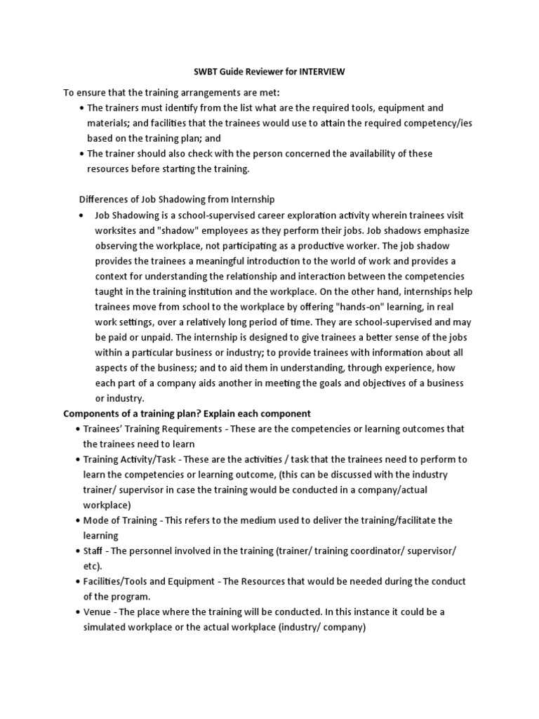 SWBT Guide Reviewer For Interview | PDF | Internship | Job Hunting