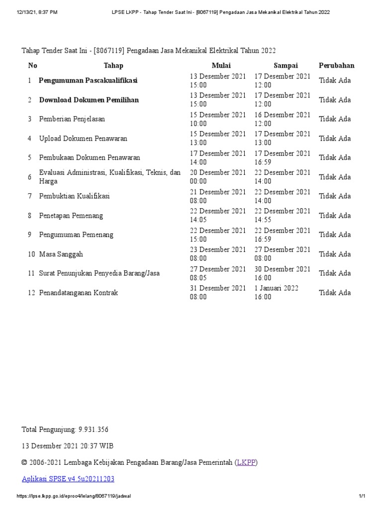 LPSE LKPP - Tahap Tender Saat Ini - (8067119) Pengadaan Jasa Mekanikal ...