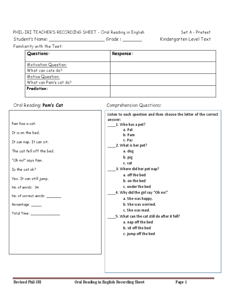 Questions: Response:: Student's Name: - Grade: - Kindergarten Level ...