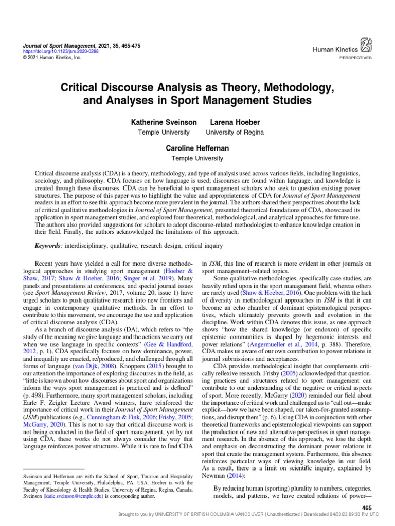(1543270X - Journal of Sport Management) Critical Discourse Analysis As ...