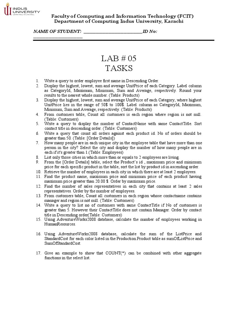 LAB # 05 Tasks: Department of Computing Indus University, Karachi | Download Free PDF | Maxima ...