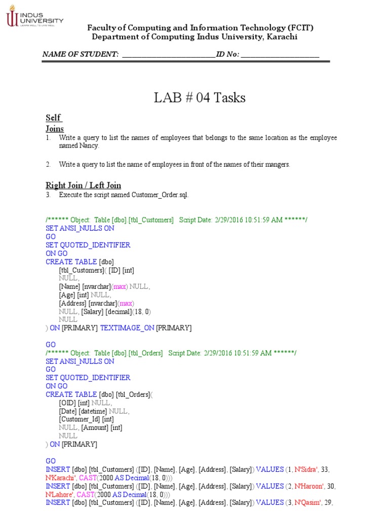 LAB # 04 Tasks: Self Joins | PDF | Information Technology Management | Sql
