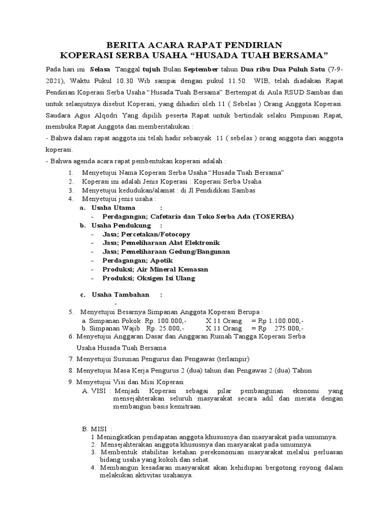Draft BERITA ACARA RAPAT PENDIRIAN KOPERASI | PDF