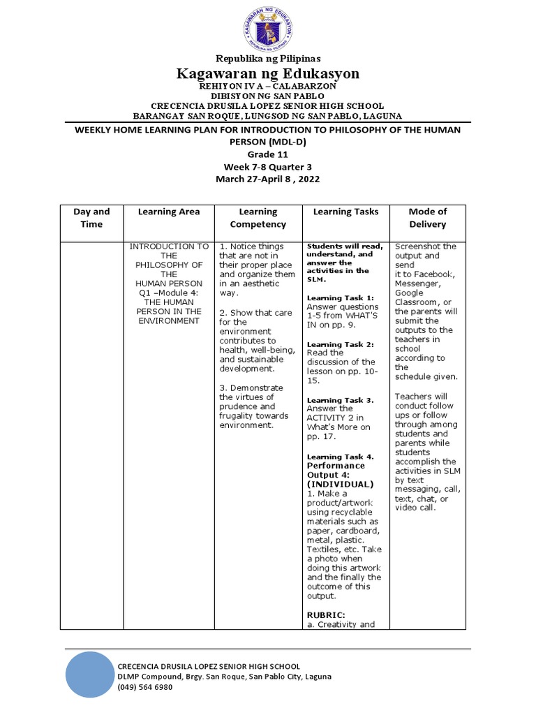WHLP Philo q3 WK 7 8 MDL D | PDF | Cognition | Learning