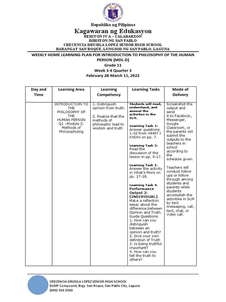 WHLP Philo q3 WK 3 4 MDL D | PDF | Behavior Modification | Cognition