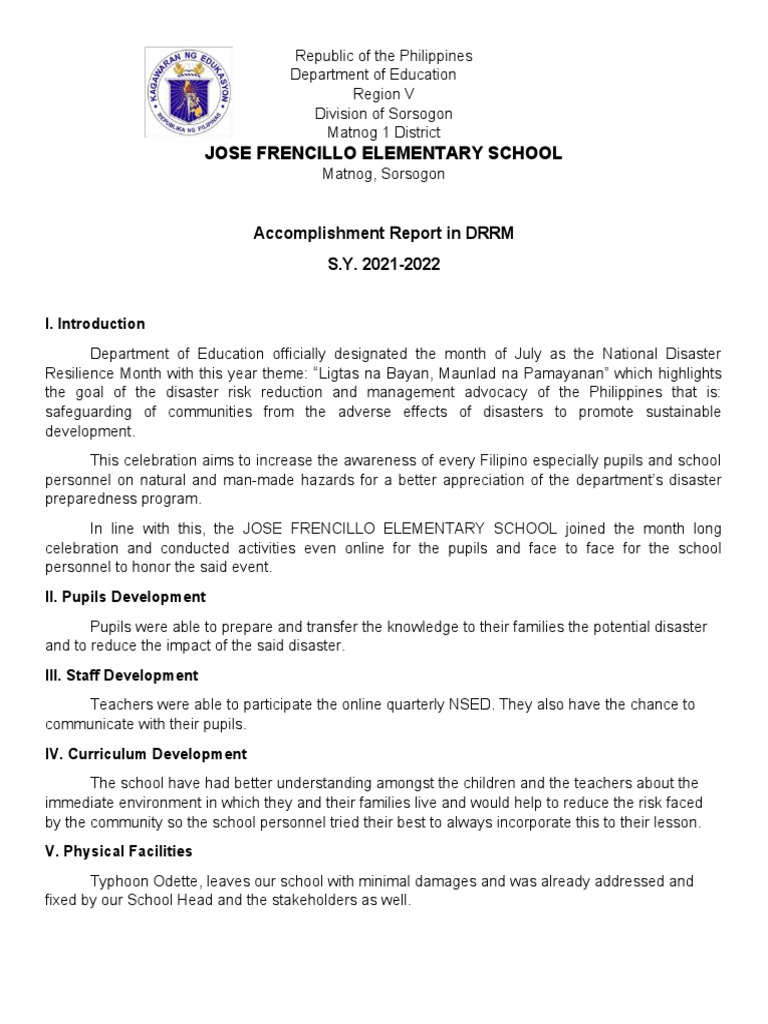 accomplishment-report-drrm-JFES | PDF | Emergency Management