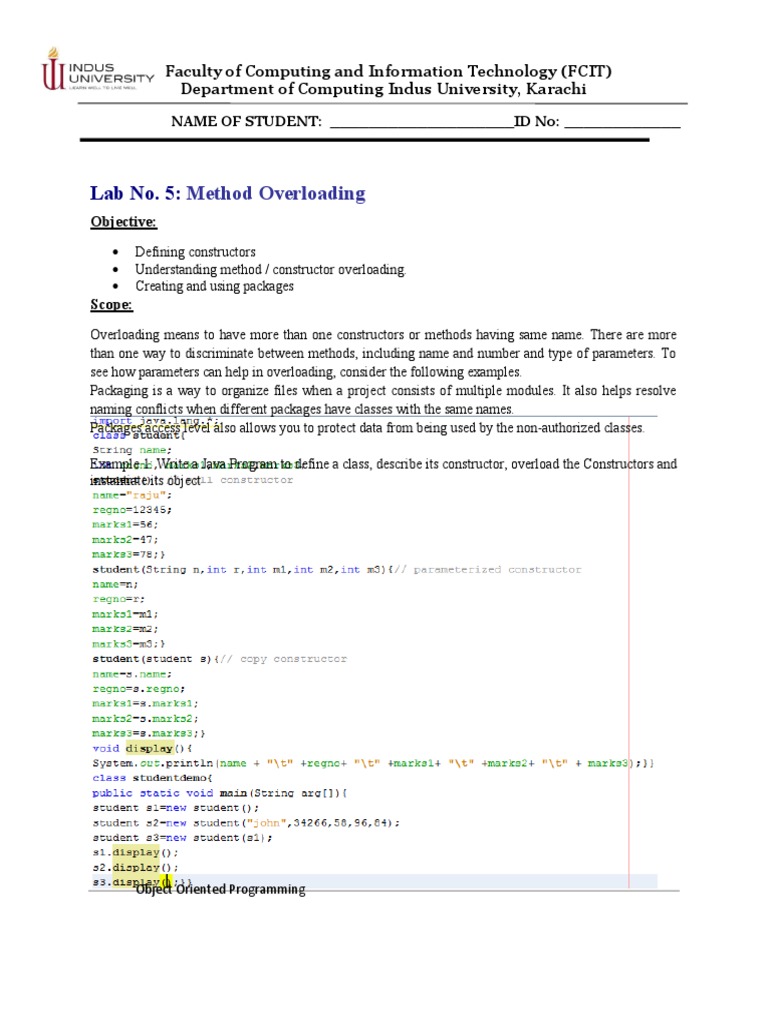Lab No 5 Method Overloading Pdf Method Computer Programming Programming 2765