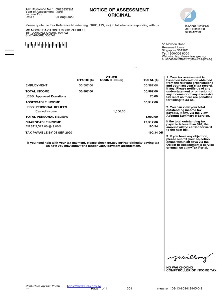 Notice of Assessment Original: Printed Via Mytax Portal | PDF | Taxes ...