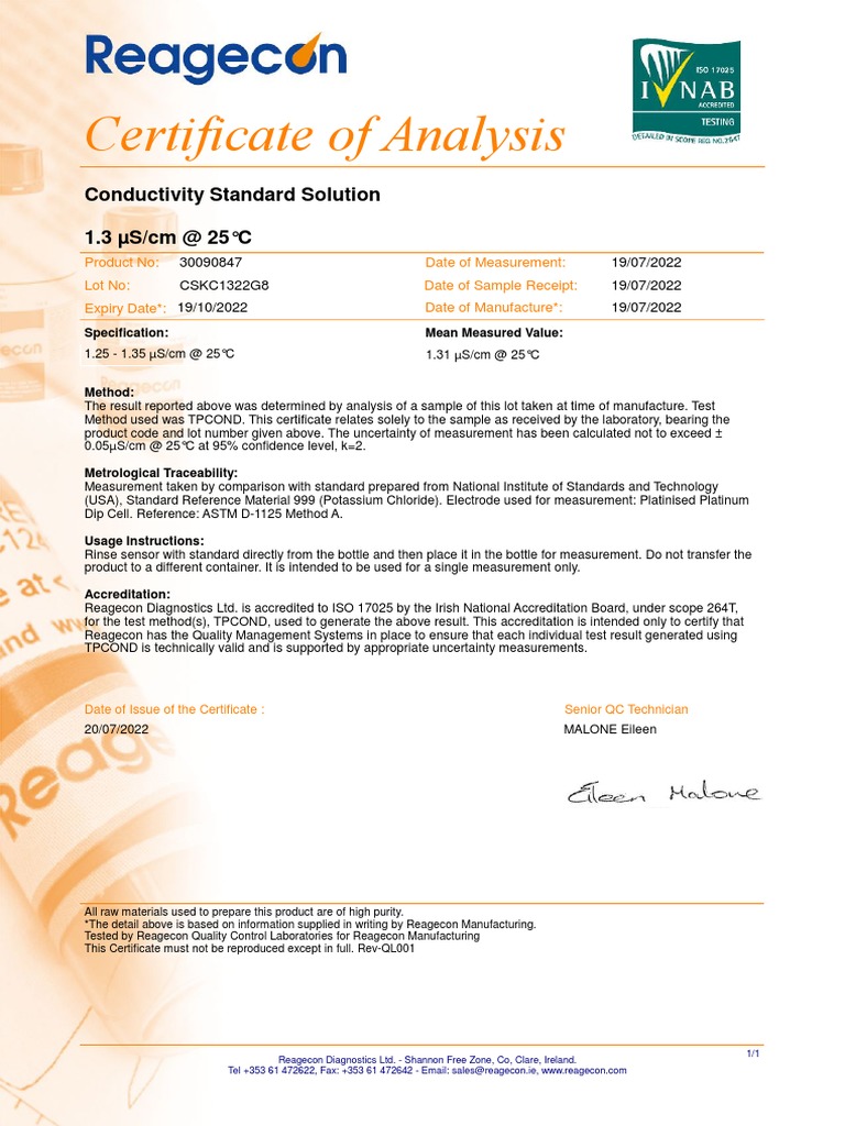 Certificate of Analysis: Conductivity Standard Solution 1.3 S/CM at 25 ...