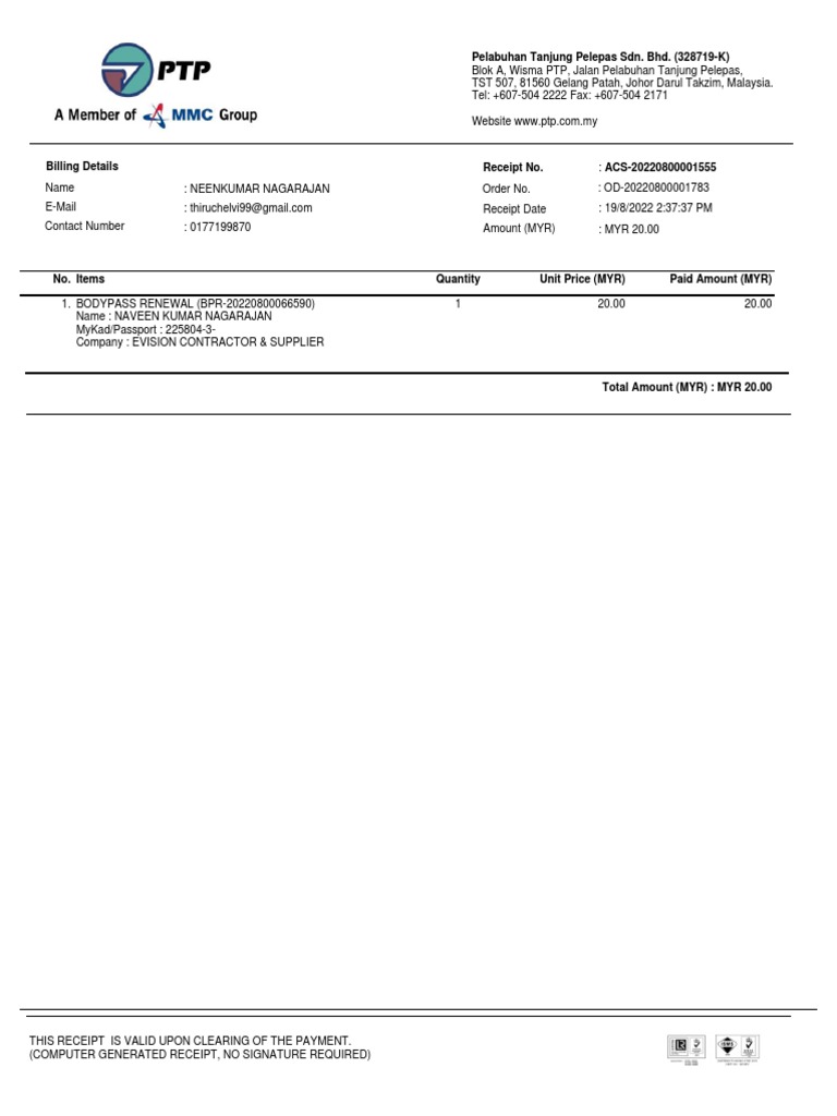 Bodypass Renewal Receipt - Naveen Kumar | PDF