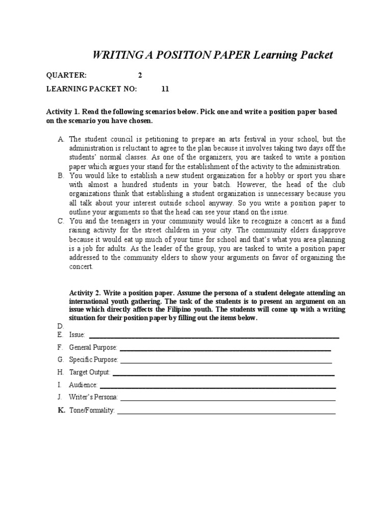 WRITING A POSITION PAPER Learning Packet | PDF