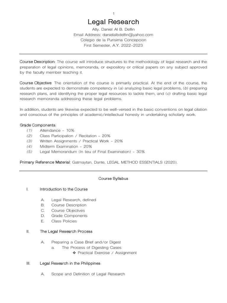 LEGAL RESEARCH WRITING Course Syllabus | PDF | Precedent | Justice