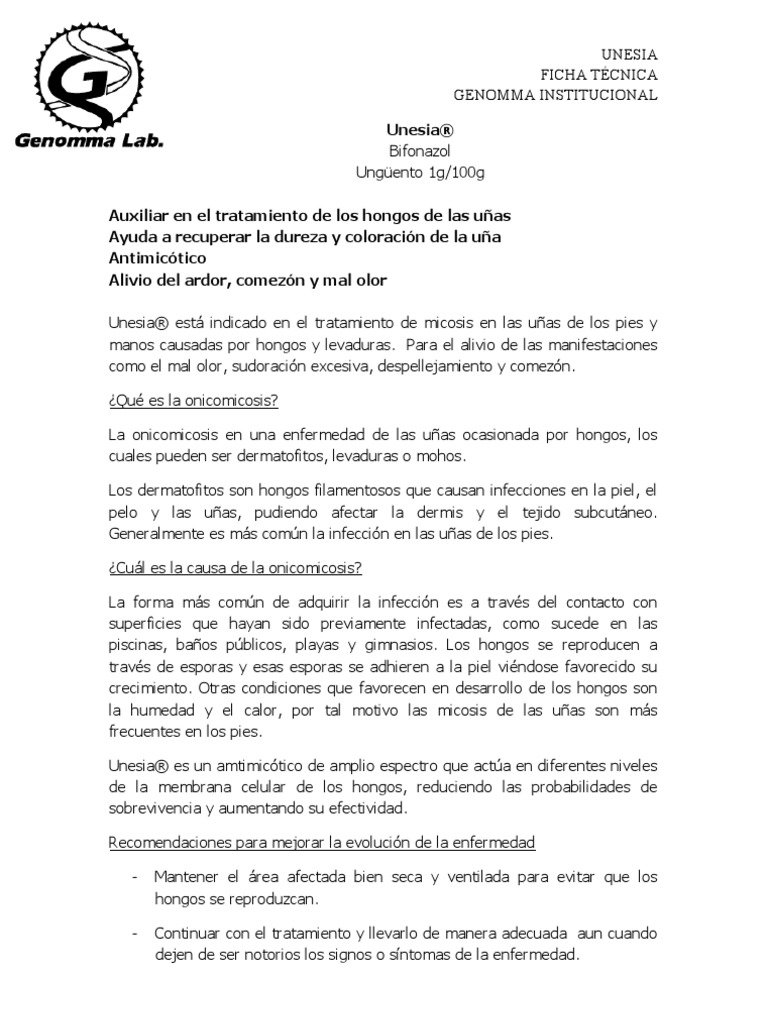 Genomma Lab Unesia Ficha Tecnica | PDF | Hongo | Clavo (anatomía)