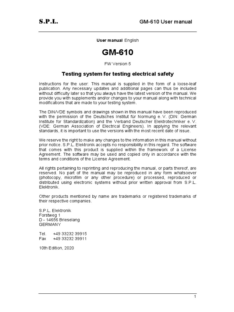 Testing System For Testing Electrical Safety: GM-610 User Manual | PDF ...