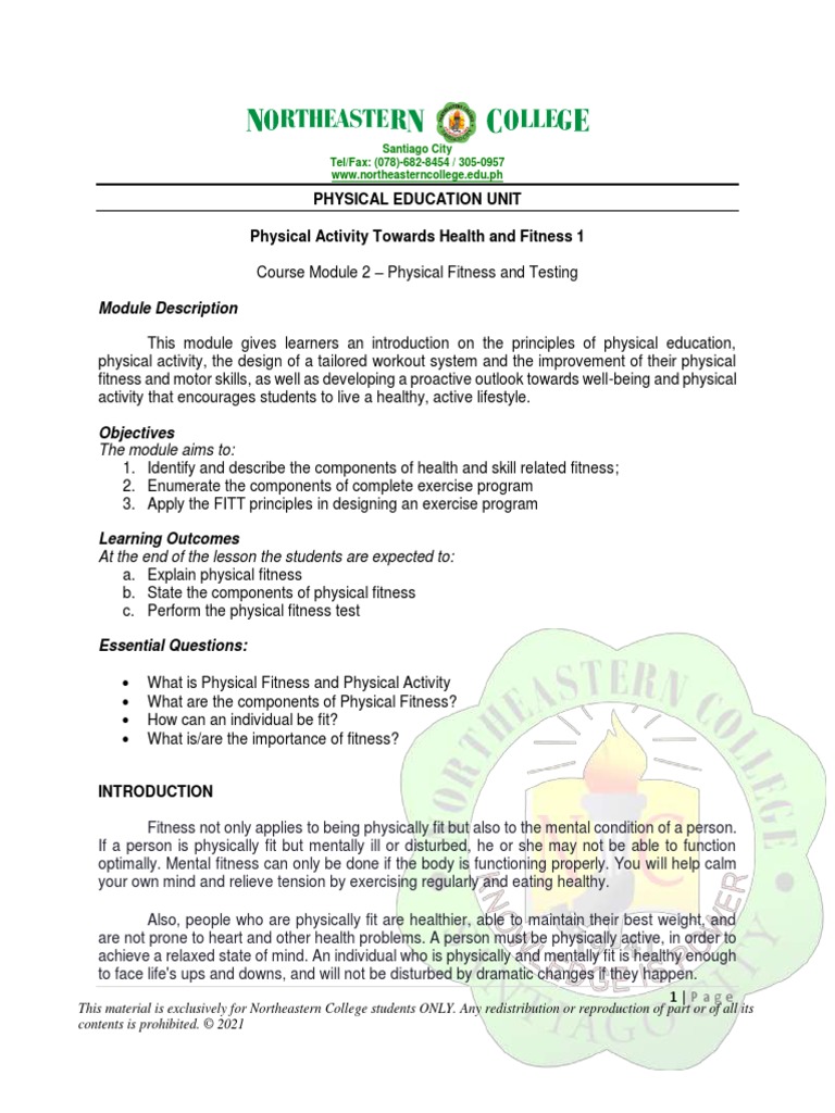 Physical Education Unit Physical Activity Towards Health and Fitness 1 ...