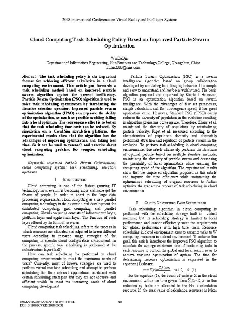 Cloud Computing Task Scheduling Policy Based On Improved Particle Swarm Optimization Pdf