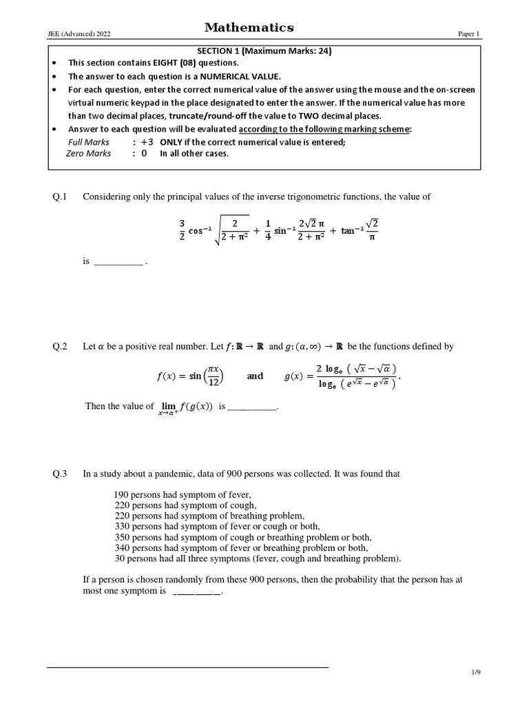 Mathematics: Full Marks Zero Marks: 0 in All Other Cases | PDF ...