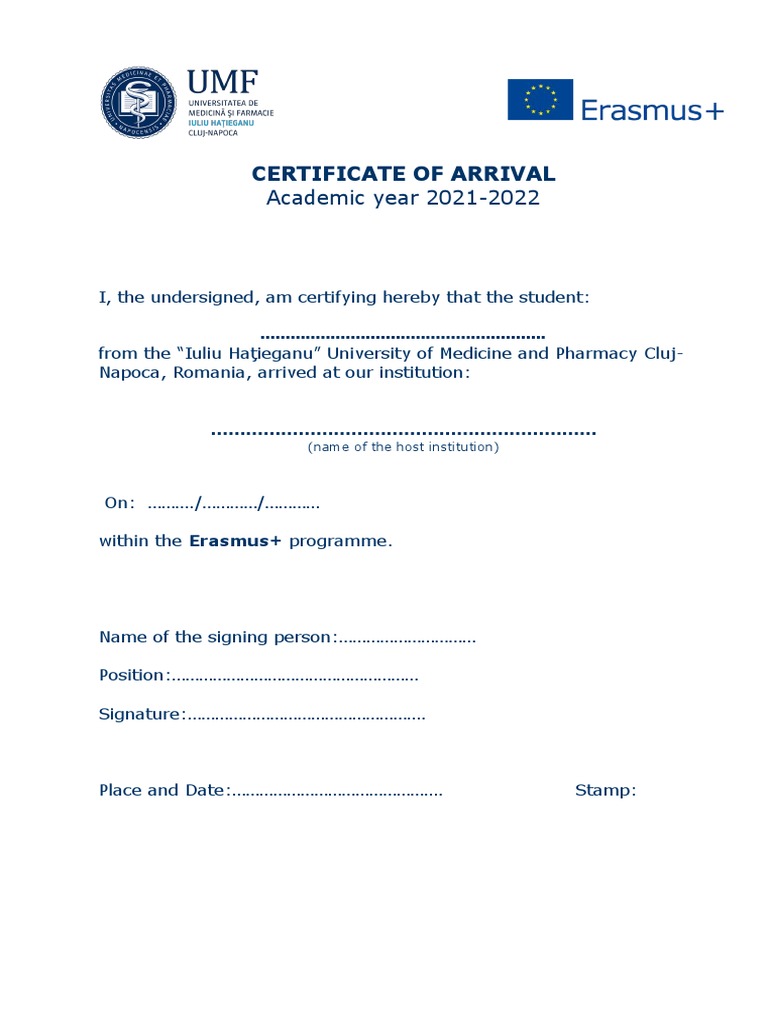 Certificate of arrival Erasmus summer placement 2021-2022 | PDF