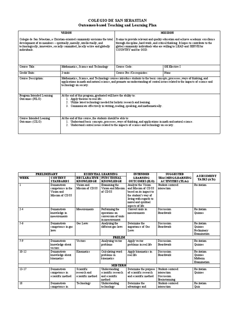 COLEGIO DE SAN SEBASTIAN - Outcomes-Based Teaching and Learning Plan ...