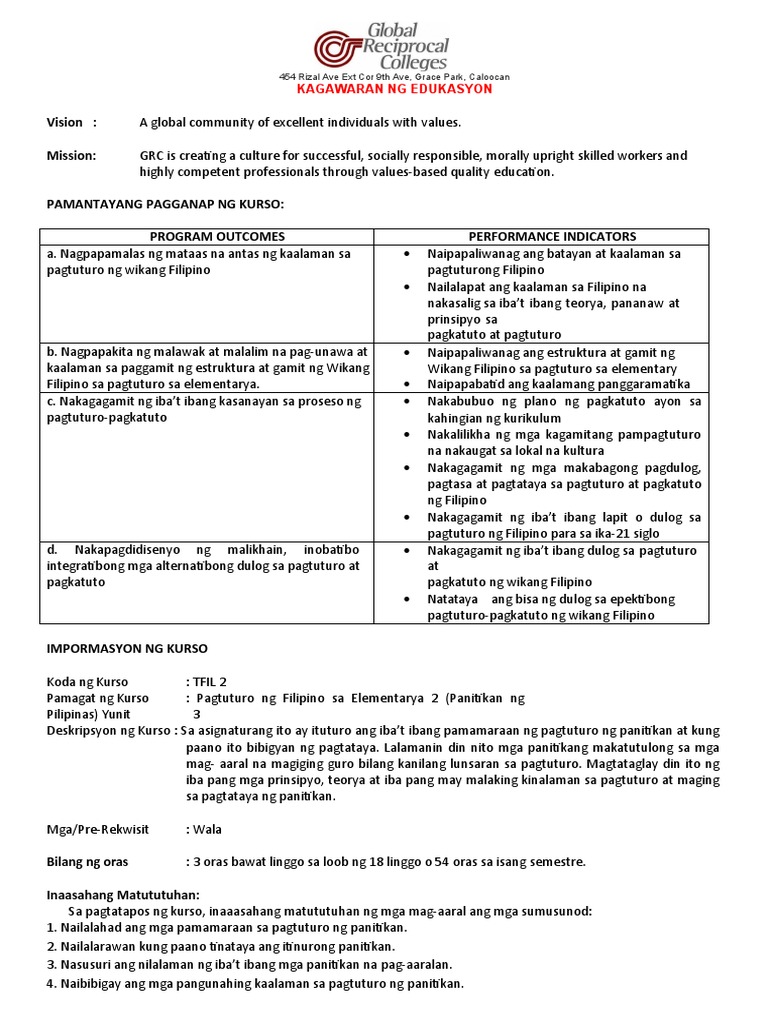 Tfil 2 Pagtuturo NG Filipino Sa Elementarya Panitikan NG Pilipinas Silabus Final | PDF