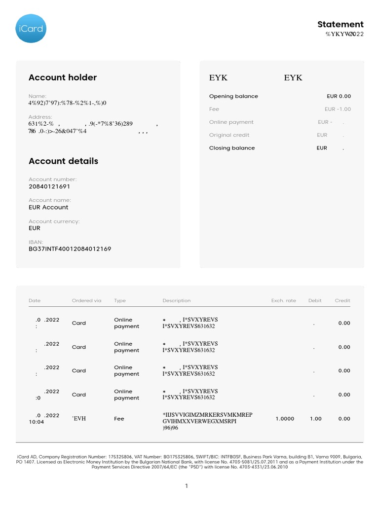 iCard AD Company Account Statement 2022 | PDF | Euro | Payments