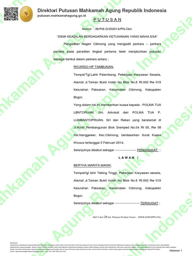 Putusan 36 PDT.G 202014 PN - Cbn. 20220822160059 | PDF
